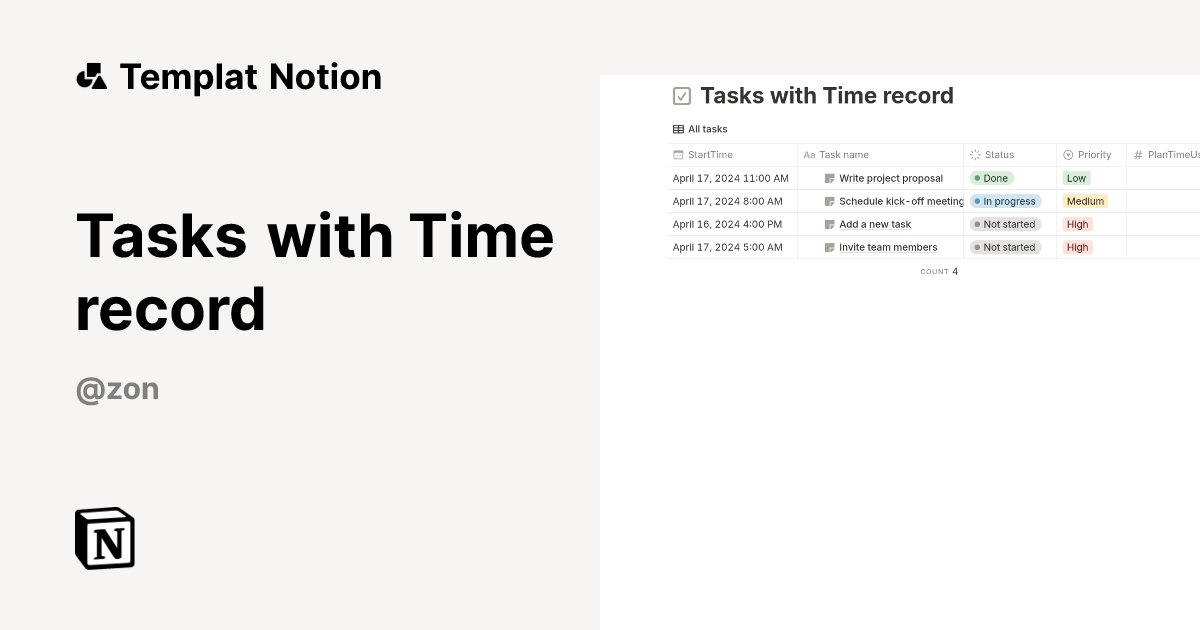 Templat Tasks with Time record | Notion Marketplace