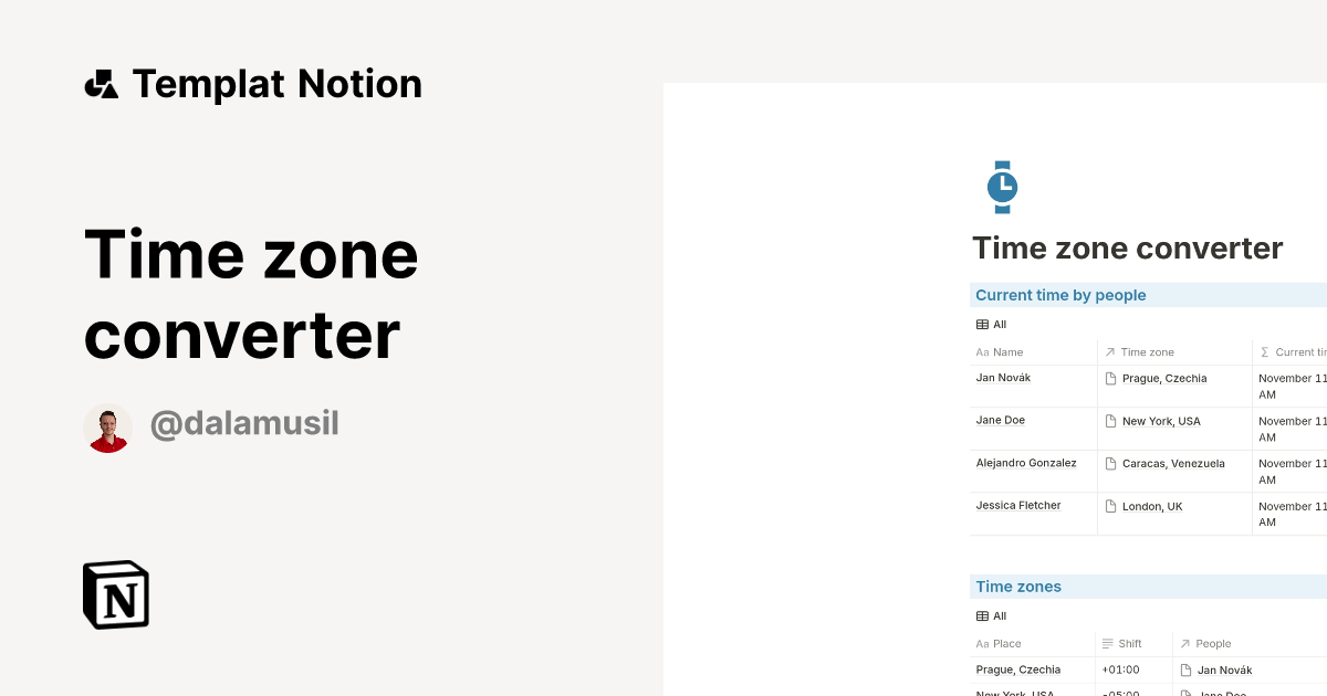 Time zone converter Templat oleh Dála Musil | Notion Marketplace