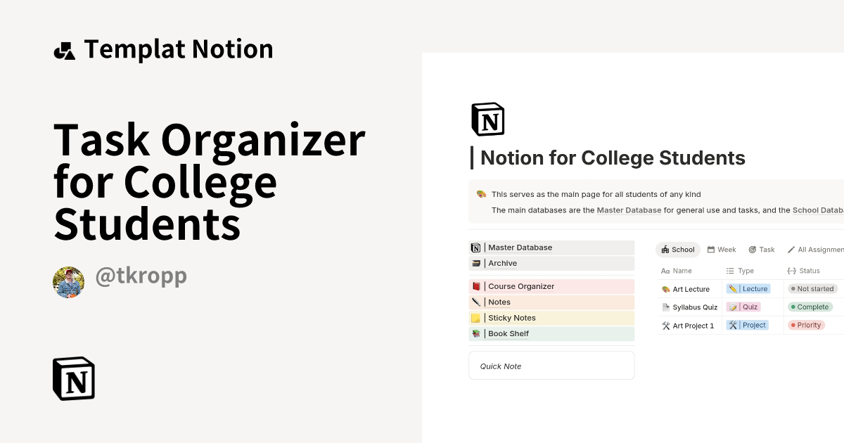 Templat Task Organizer for College Students | Notion Marketplace