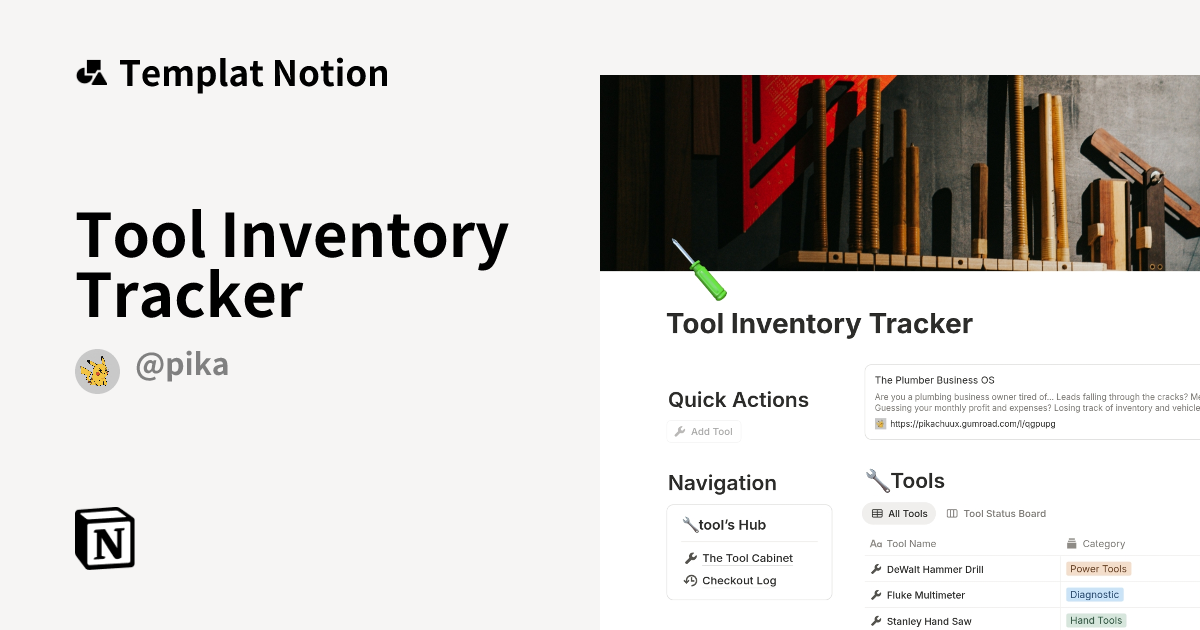 Tool Inventory Tracker Templat oleh Pika | Notion Marketplace