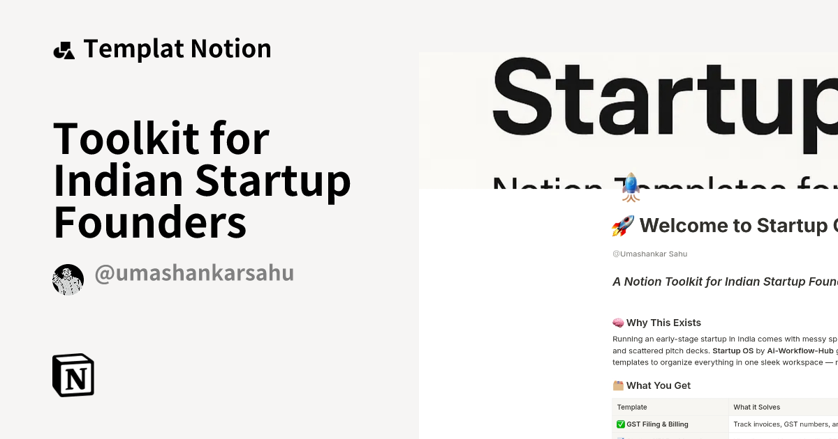 Toolkit for Indian Startup Founders Templat oleh Umashankar Sahu | Notion Marketplace