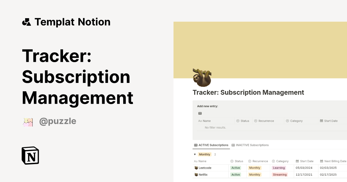 Tracker: Subscription Management Templat oleh Puzzle | Notion Marketplace