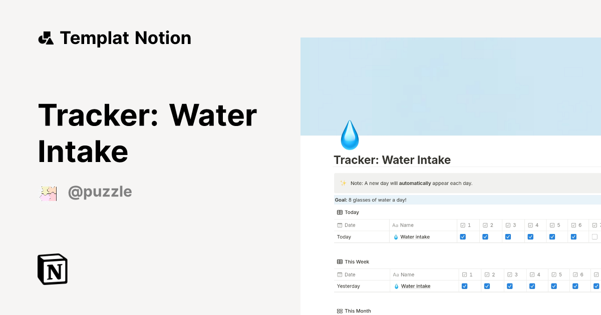 Tracker: Water Intake Templat oleh Puzzle | Notion Marketplace