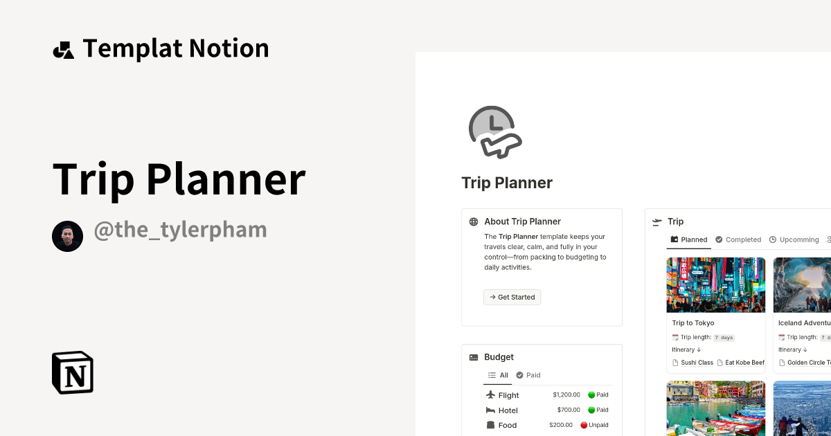 Trip Planner Templat oleh Tyler Pham | Notion Marketplace