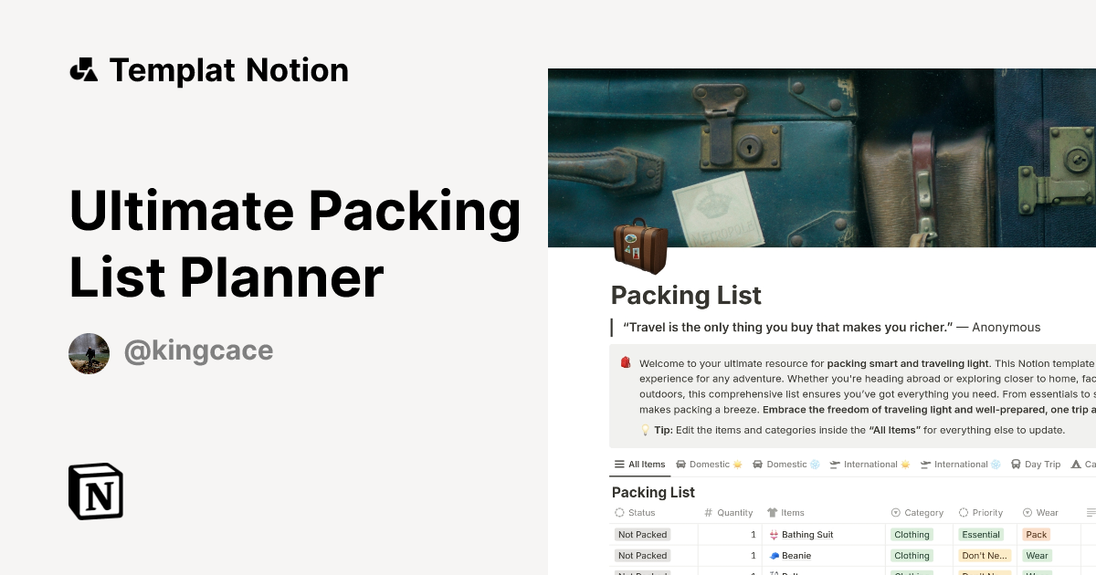Templat Ultimate Packing List Planner | Notion Marketplace