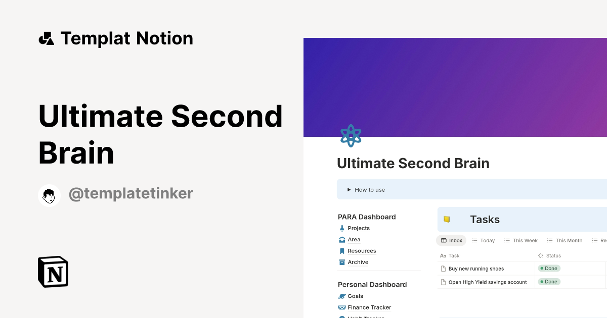 Ultimate Second Brain Templat oleh TemplateTinker | Notion Marketplace
