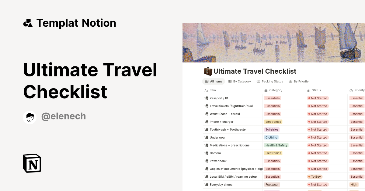 Ultimate Travel Checklist Templat oleh Ene | Notion Marketplace