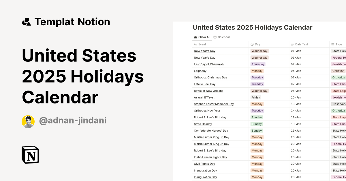 Templat United States 2025 Holidays Calendar | Notion Marketplace