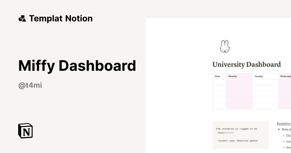 Miffy Dashboard Templat oleh Tami Templates | Notion Marketplace
