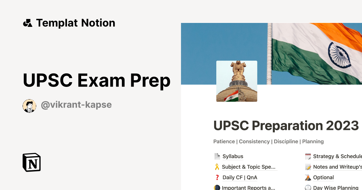 UPSC Exam Prep Templat oleh Vikrant Kapse | Notion Marketplace