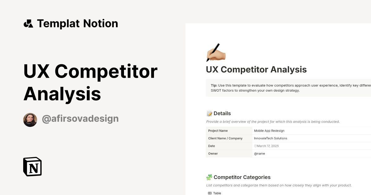 UX Competitor Analysis Templat oleh Anastasiia Firsova | Notion Marketplace