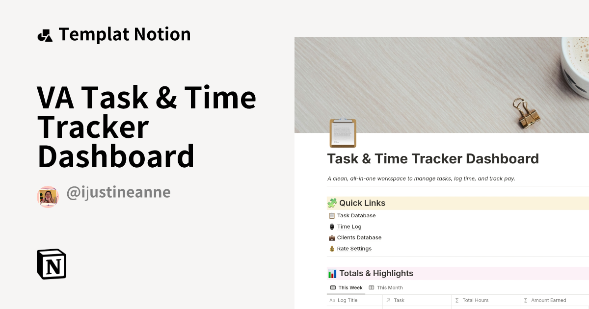 Templat VA Task & Time Tracker Dashboard | Notion Marketplace