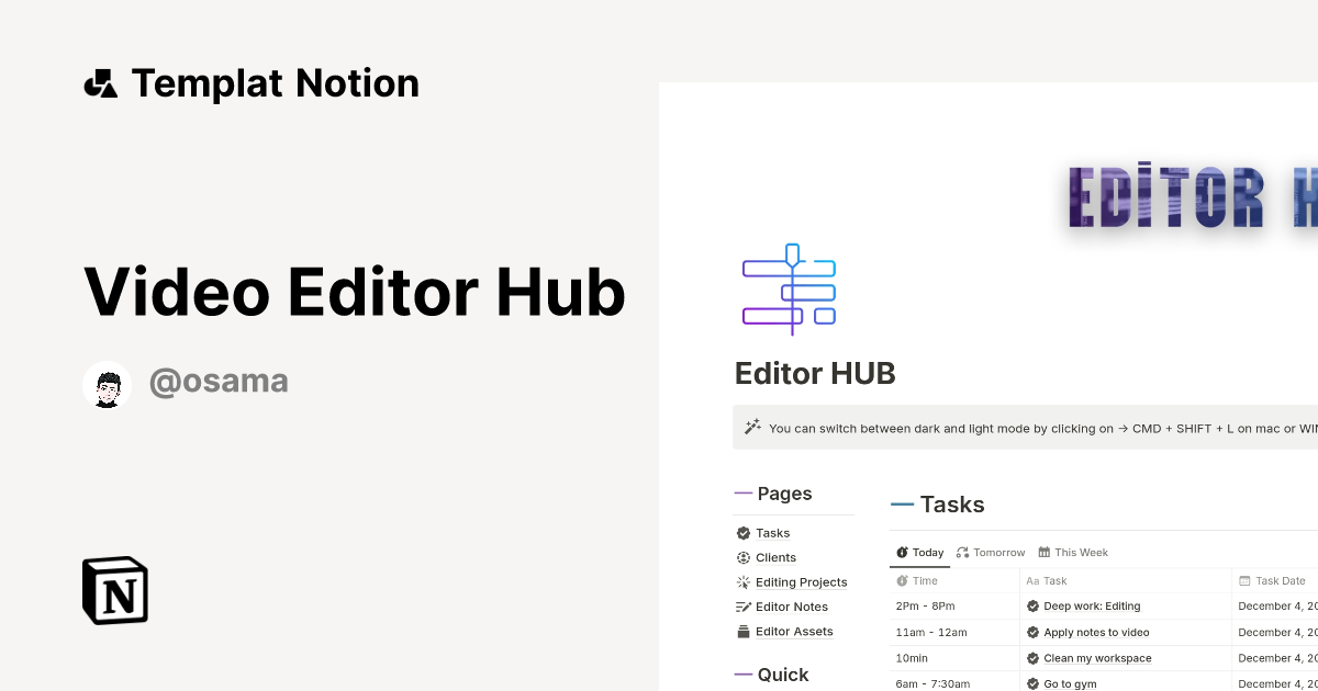 Video Editor Hub Templat oleh OlsNotion | Notion Marketplace