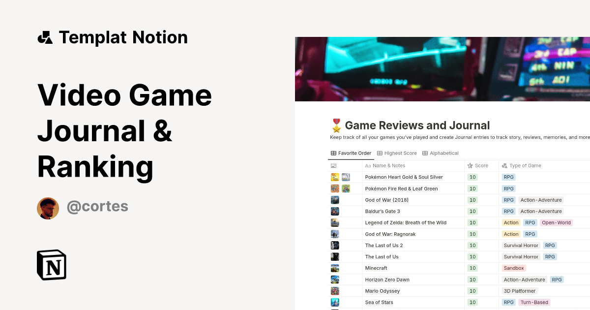 Templat Video Game Journal & Ranking | Notion Marketplace