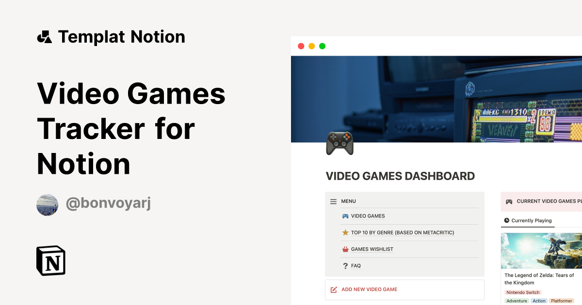 Video Games Tracker for Notion Templat oleh Bon Voyarj | Notion Marketplace