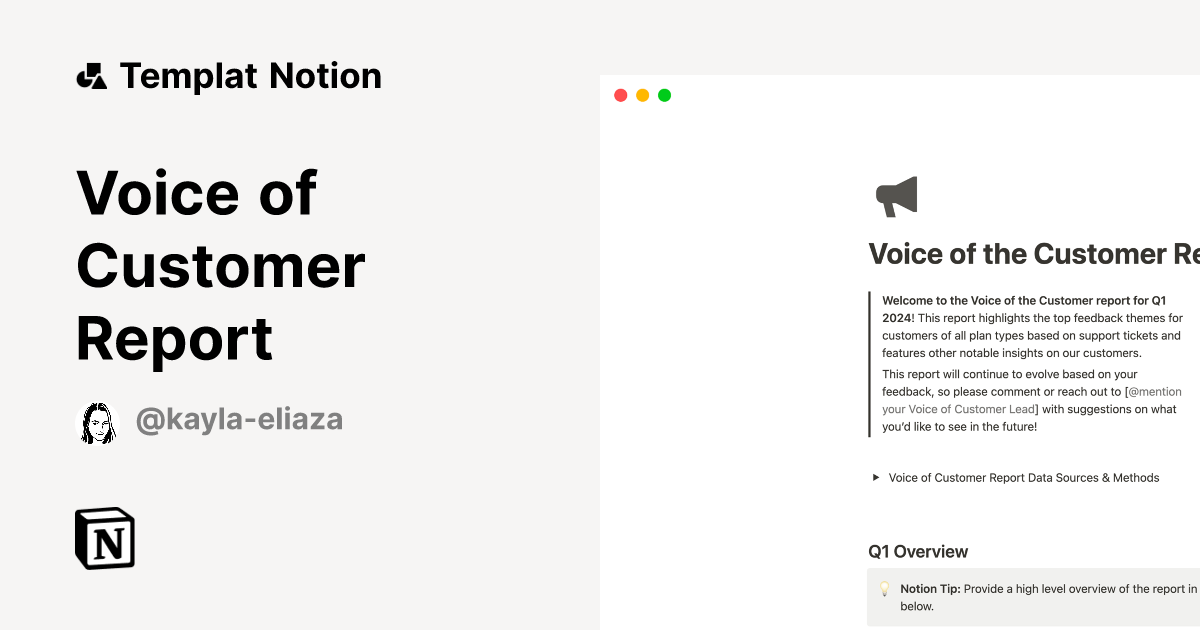 Voice of Customer Report Templat oleh Kayla Eliaza | Notion Marketplace