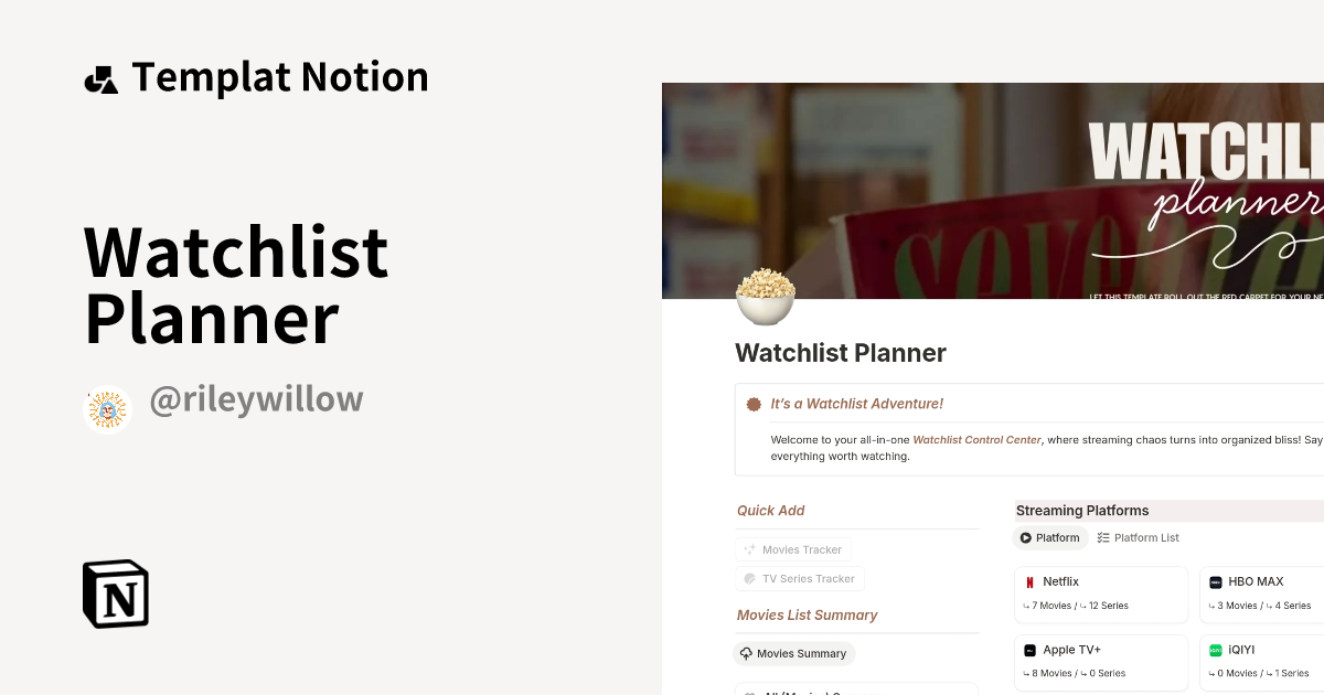 Watchlist Planner Templat oleh Riley Willow | Notion Marketplace