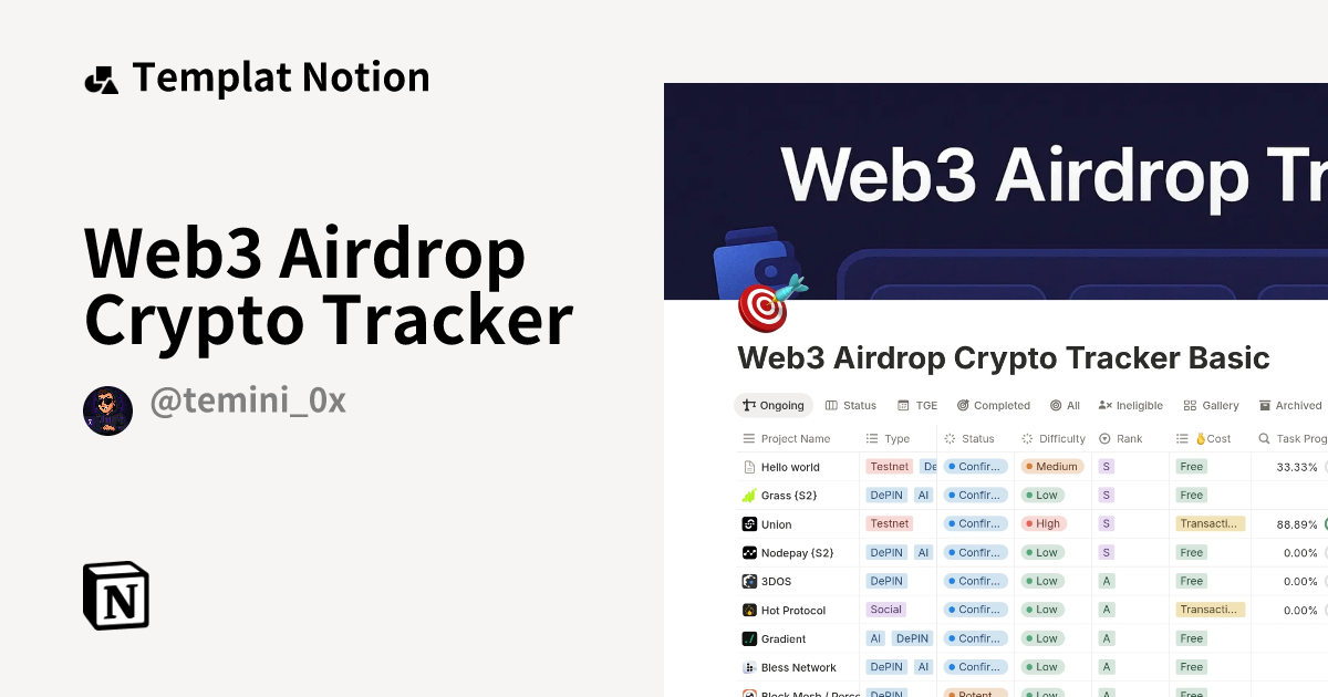 Web3 Airdrop Crypto Tracker Templat oleh Temini_0x | Notion Marketplace