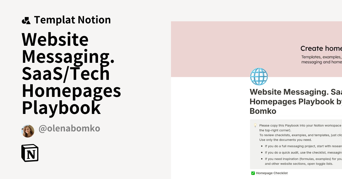Website Messaging. SaaS/Tech Homepages Playbook Templat oleh Olena Bomko | Notion Marketplace