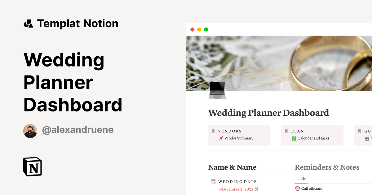 Wedding Planner Dashboard Templat oleh Alexandru Ene | Notion Marketplace