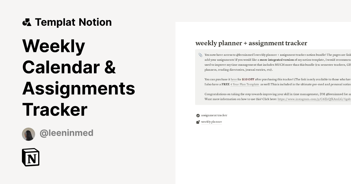 Templat Weekly Calendar & Assignments Tracker | Notion Marketplace
