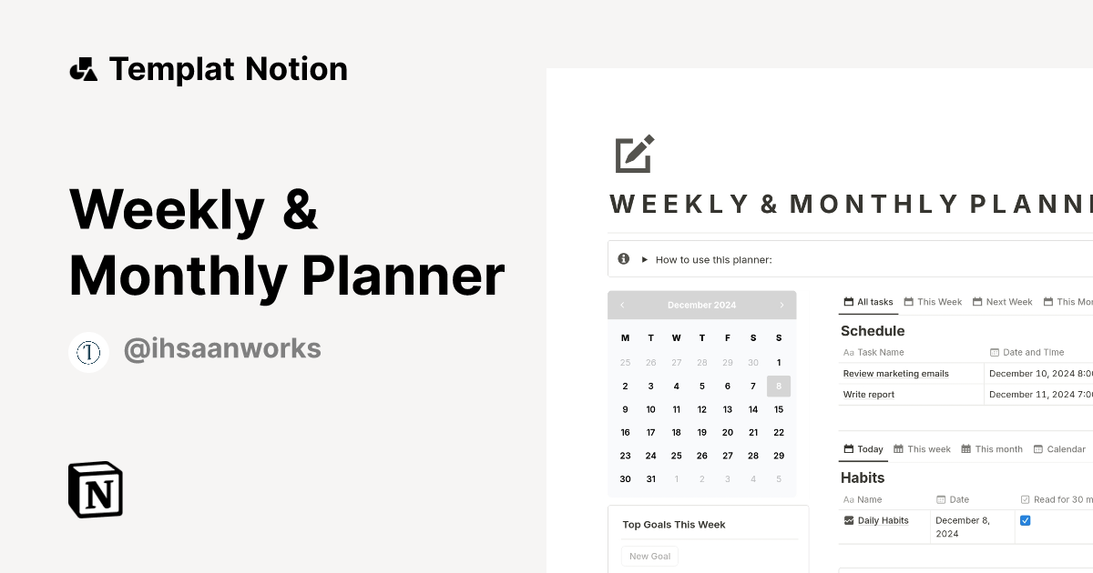 Weekly & Monthly Planner Templat oleh Ihsaanworks | Notion Marketplace