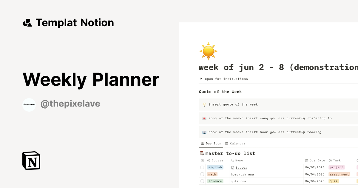 Weekly Planner Templat oleh The Pixel Ave | Notion Marketplace