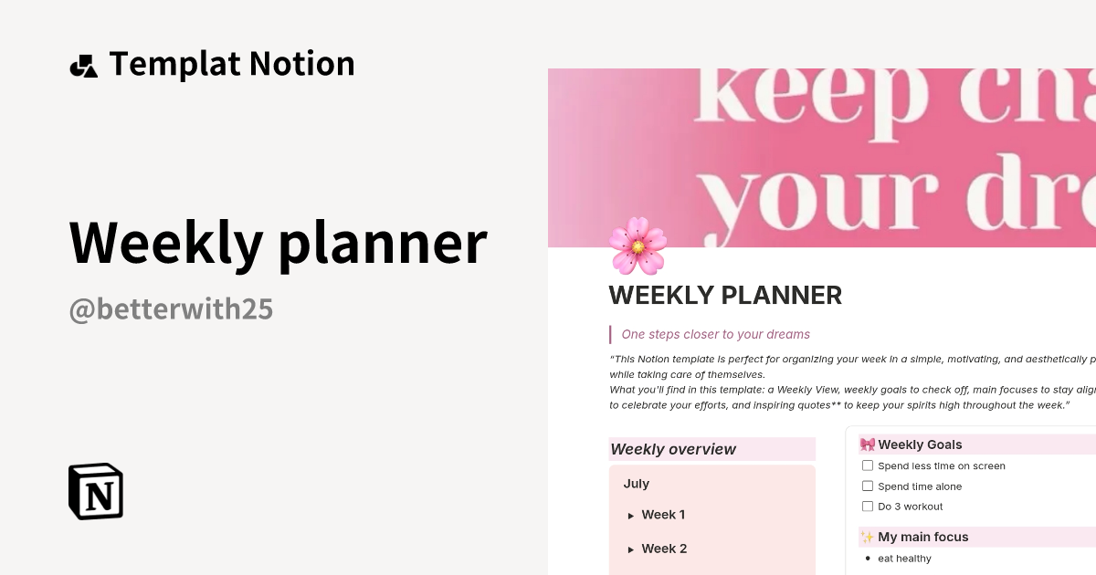 Weekly planner Templat oleh betterwith | Notion Marketplace