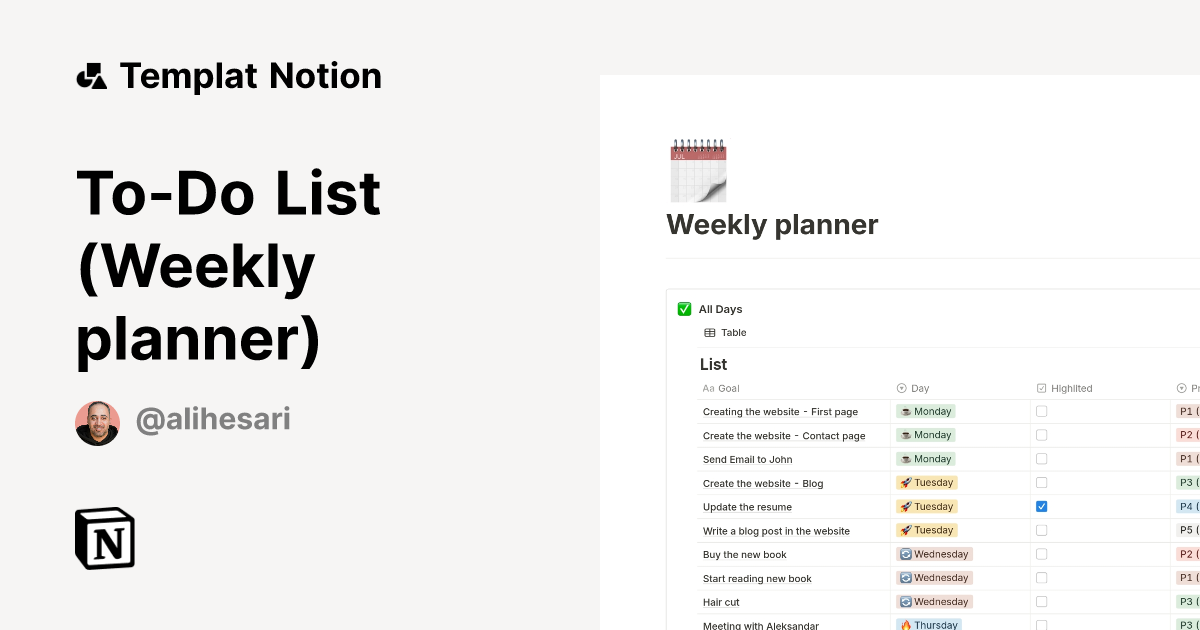 To-Do List (Weekly planner) Templat oleh Ali Hesari | Notion Marketplace