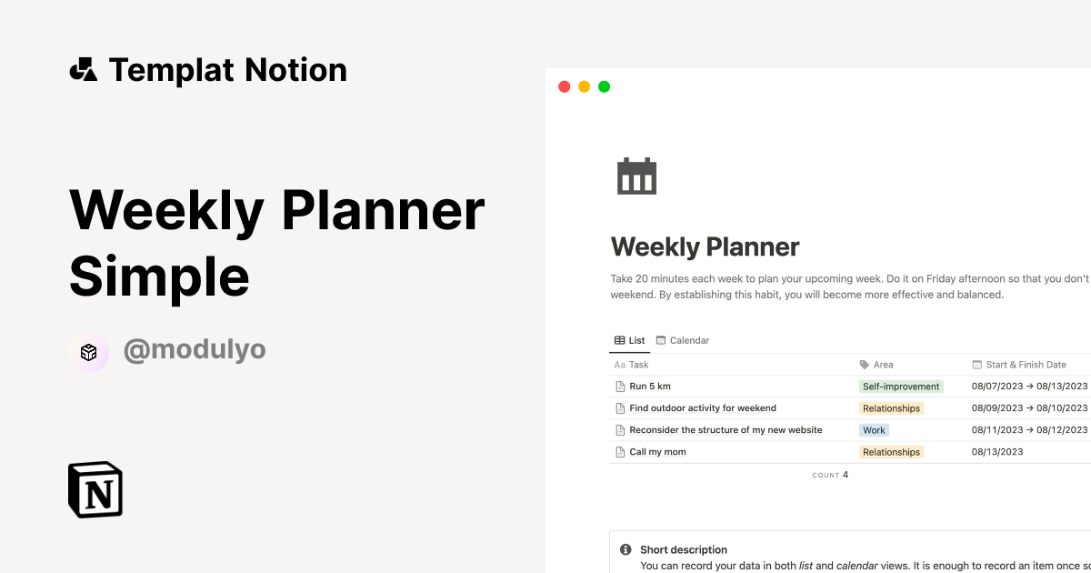 Templat Weekly Planner Simple | Notion Marketplace
