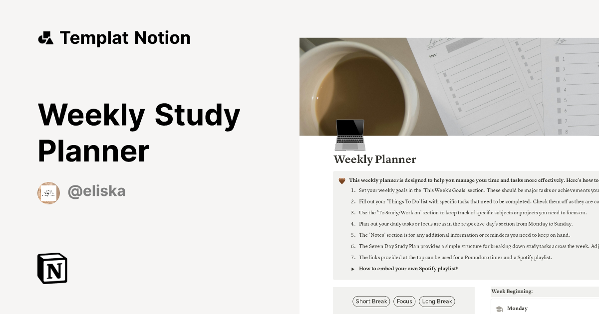 Templat Weekly Study Planner | Notion Marketplace