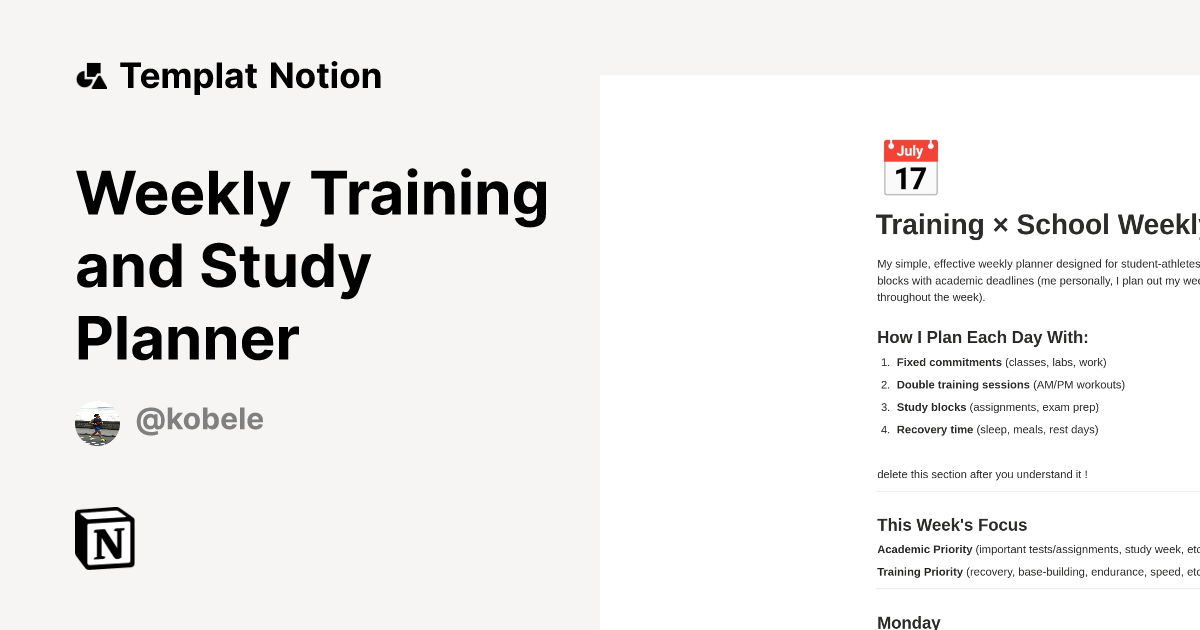 Templat Weekly Training and Study Planner | Notion Marketplace