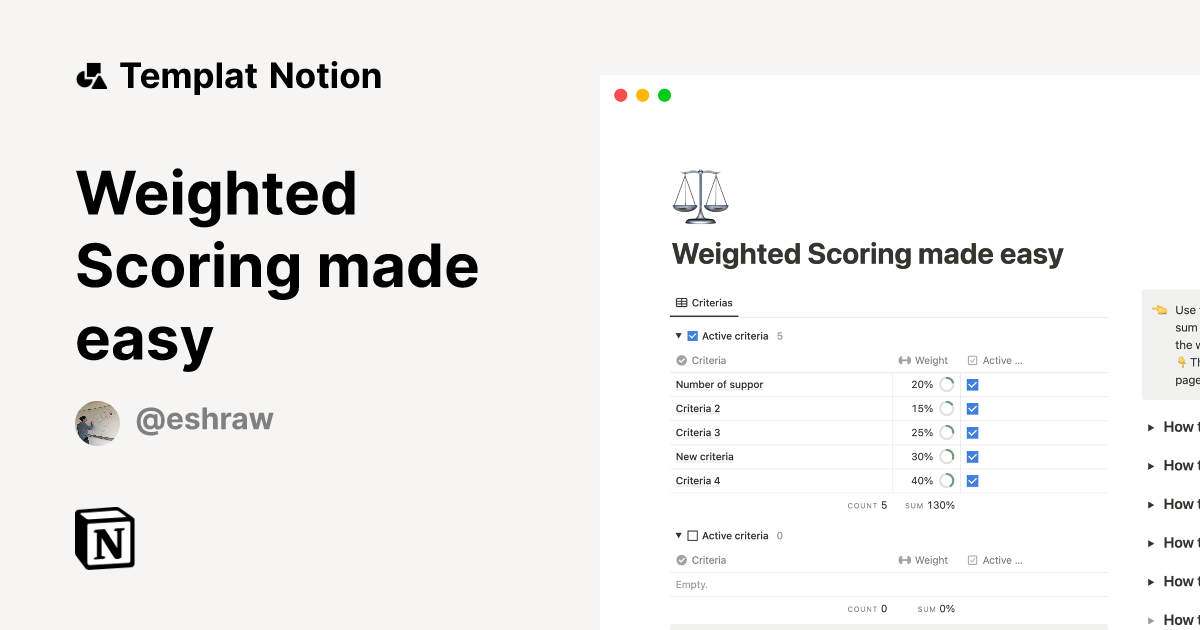 Templat Weighted Scoring made easy | Notion Marketplace