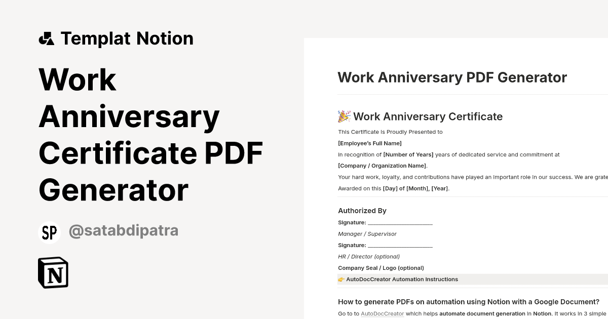 Work Anniversary Certificate PDF Generator Templat oleh Satabdi Patra ...