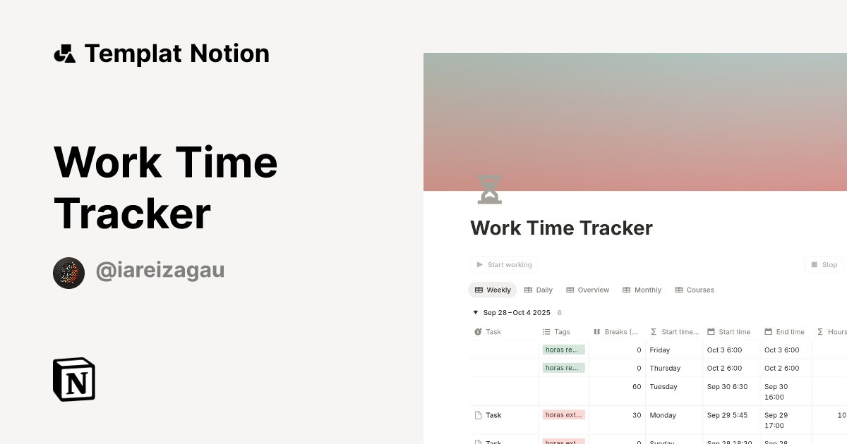 Work Time Tracker Templat oleh iareizagau | Notion Marketplace