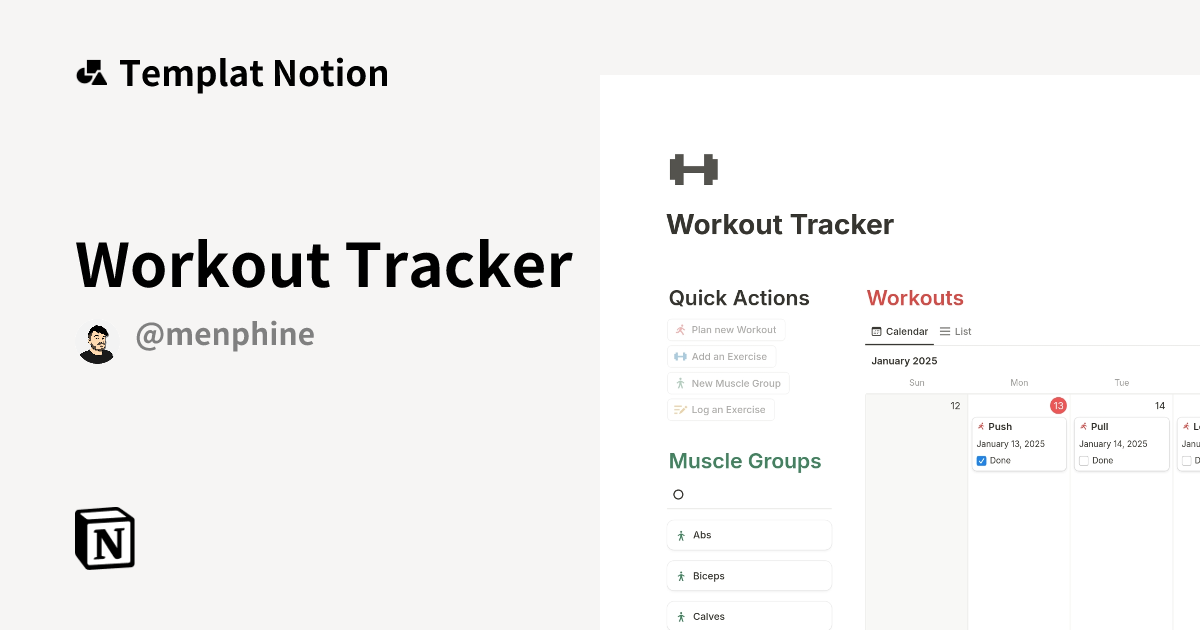 Workout Tracker Templat oleh Menphine | Notion Marketplace