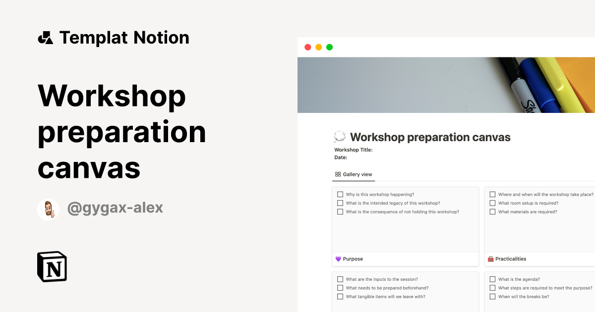 Workshop preparation canvas Templat oleh Alex | Notion Marketplace