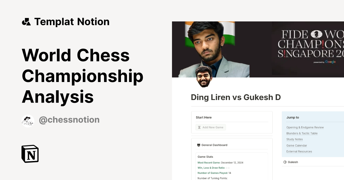 World Chess Championship Analysis Templat oleh Chess Notion | Notion Marketplace