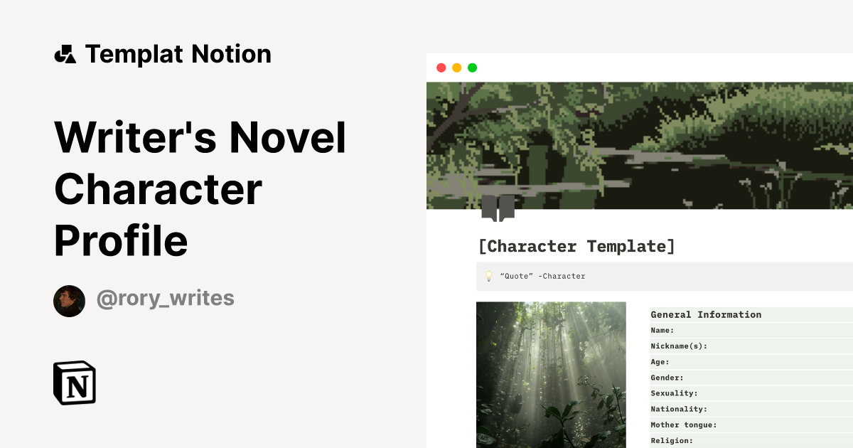 Writer's Novel Character Profile Templat oleh Rory | Notion Marketplace