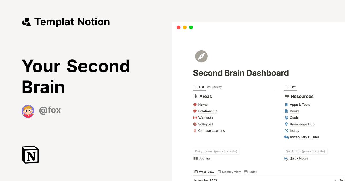 Your Second Brain Templat oleh Fox | Notion Marketplace