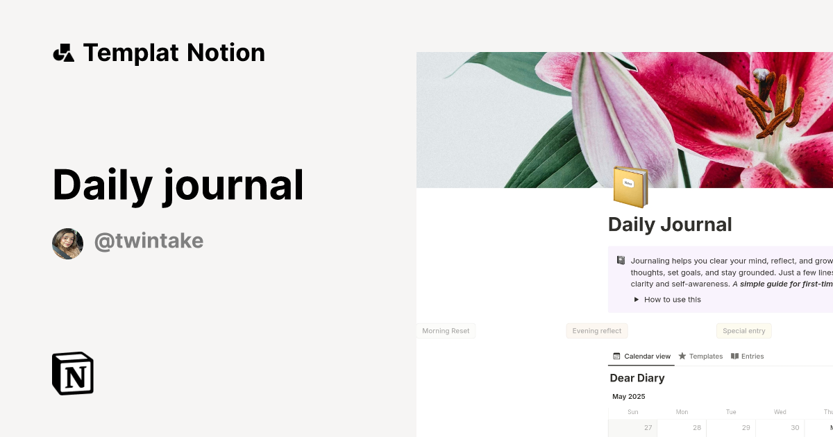 Daily journal Templat oleh Twintakestudio | Notion Marketplace