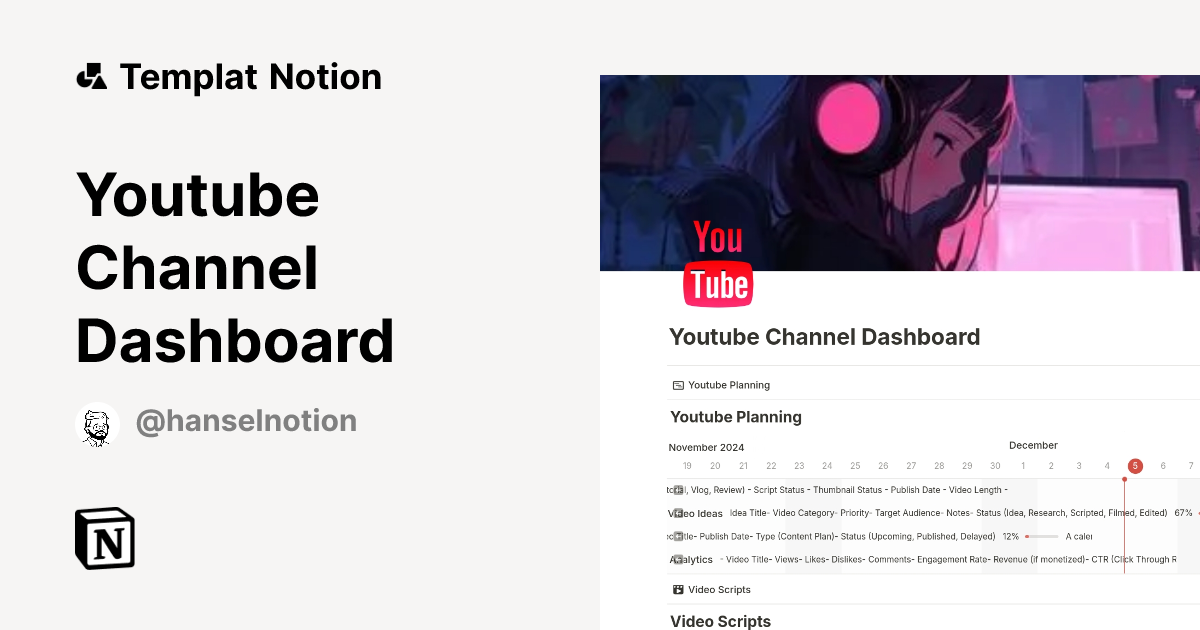 Youtube Channel Dashboard Templat oleh Hansel Systems | Notion Marketplace