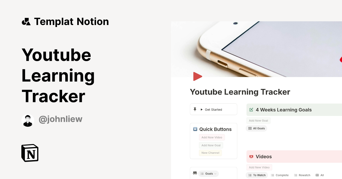 Youtube Learning Tracker Templat oleh John Liew TY | Notion Marketplace