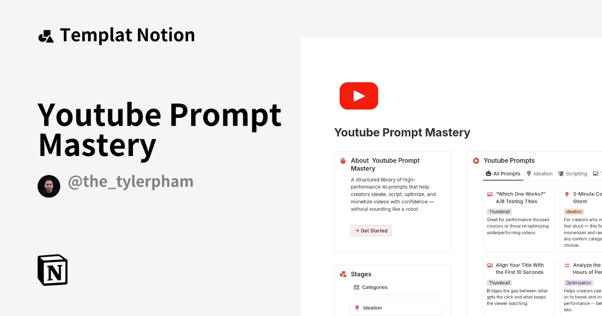 Youtube Prompt Mastery Templat oleh Tyler Pham | Notion Marketplace