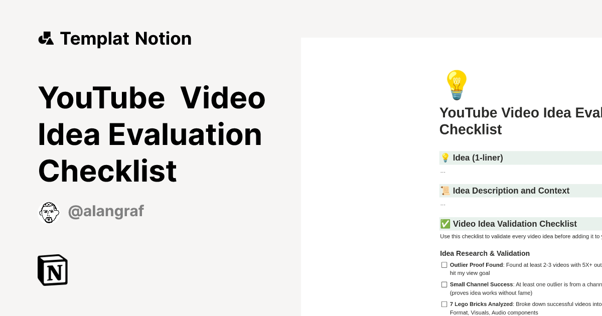 Templat YouTube Video Idea Evaluation Checklist | Notion Marketplace