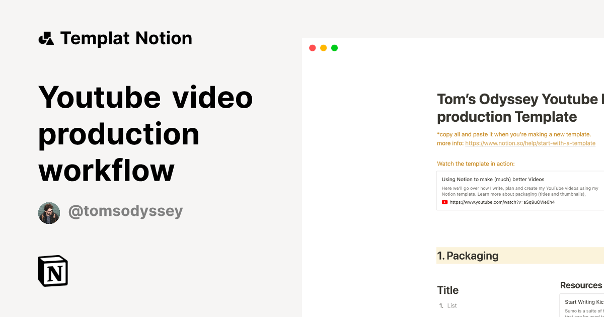 Youtube video production workflow Templat oleh Tom's Odyssey | Notion ...