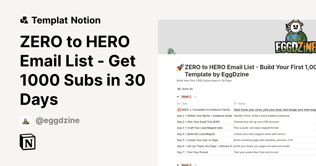 Templat ZERO to HERO Email List - Get 1000 Subs in 30 Days | Notion ...
