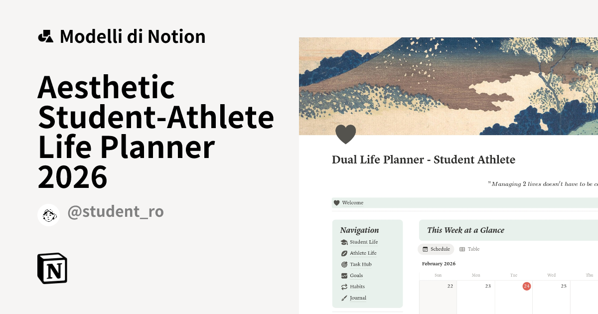 Modello Aesthetic Student-Athlete Life Planner 2026 | Marketplace Notion