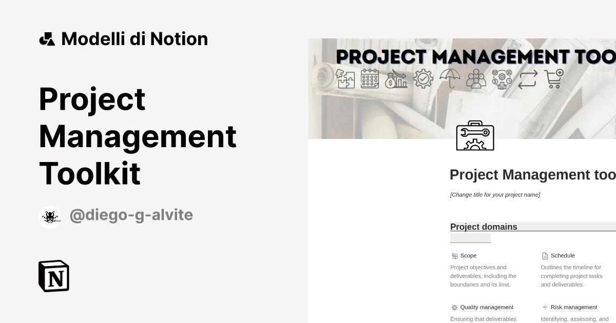 Modello Project Management Toolkit di Diego G. Alvite | Marketplace Notion