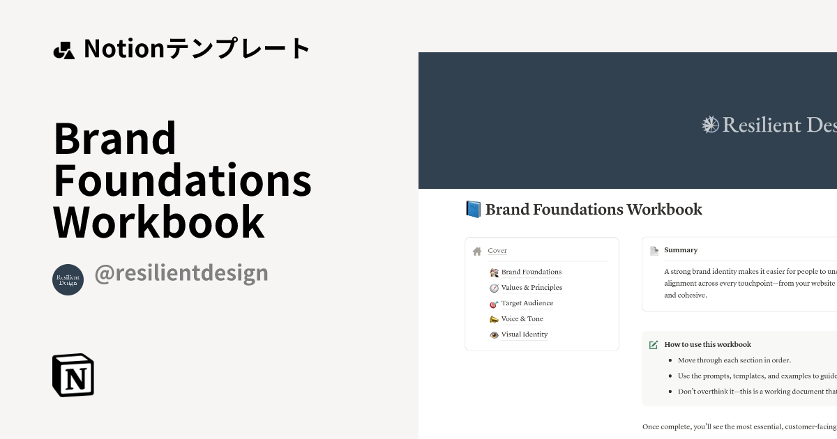 Brand Foundations Workbookテンプレート・作成者：Resilient Design | Creative Studio | Notion (ノーション)マーケットプレイス